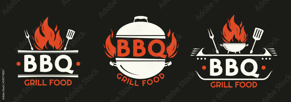 BBQ logo set. Grill food, barbecue icons. Meat restaurant label design ...