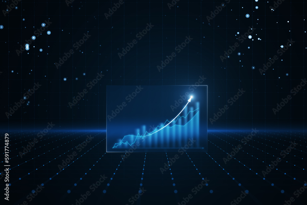 Abstract growing blue business chart with arrow on dark grid background ...