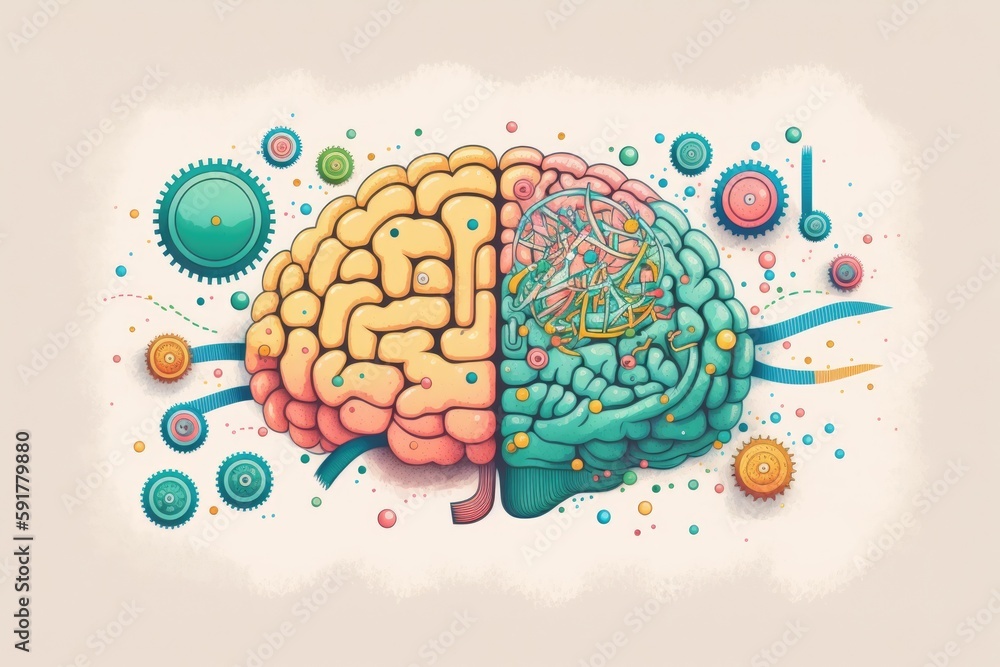 human brain divided into different colored regions. Generative AI Stock ...