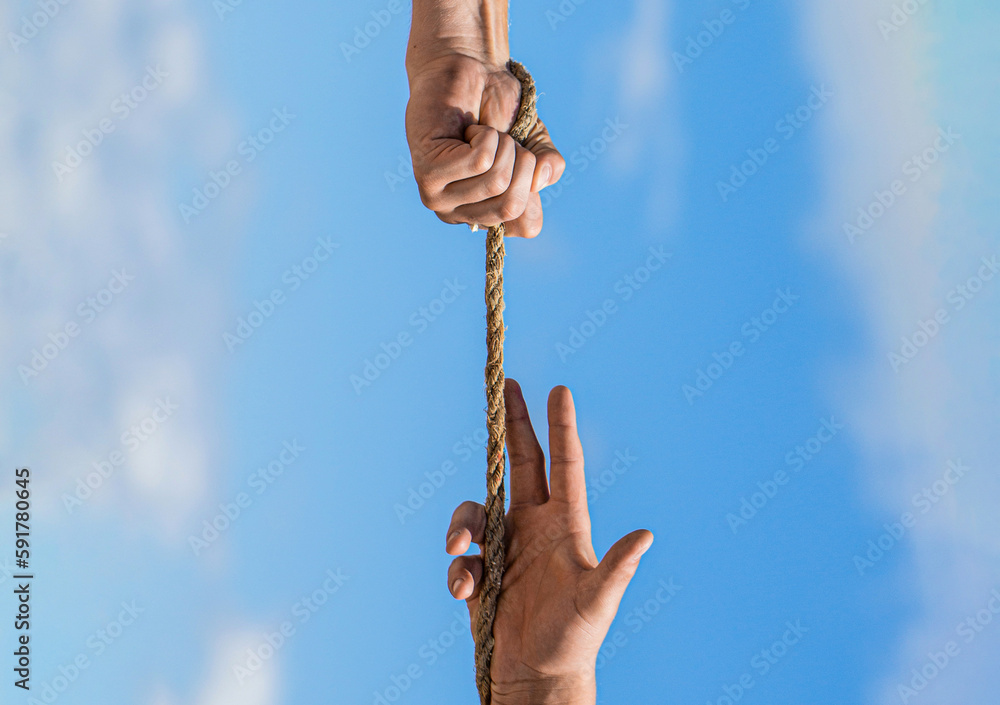 Rescue, help, helping gesture or hands. Conflict tug of war. Rope, cord ...