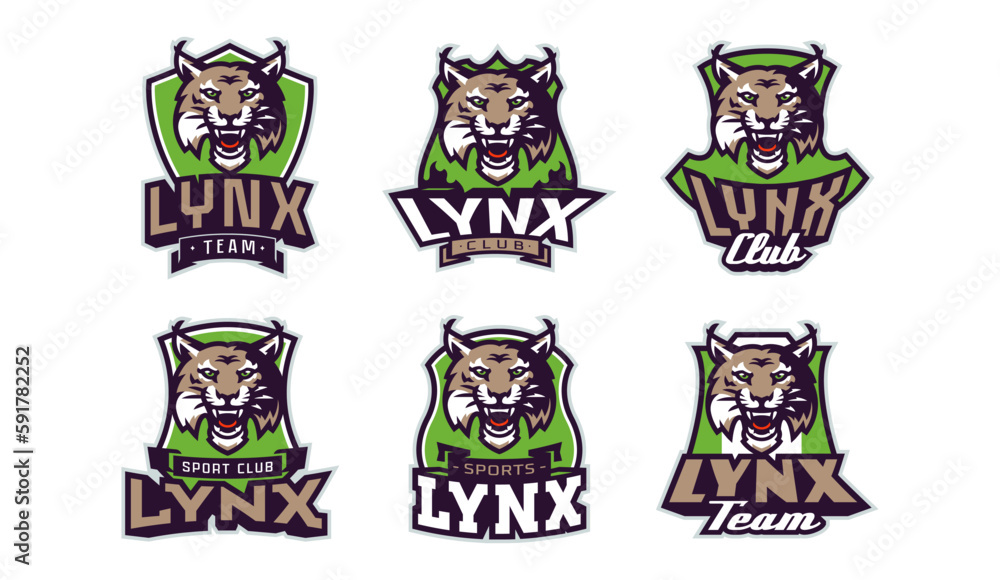 Set of sports logos with lynx mascots. Colorful collection sports ...