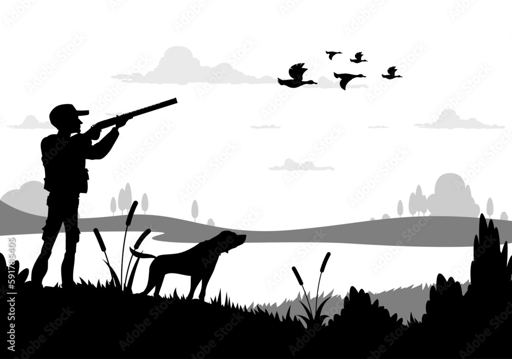 Hunting silhouette, hunter with shotgun, dog, duck flock and pond ...