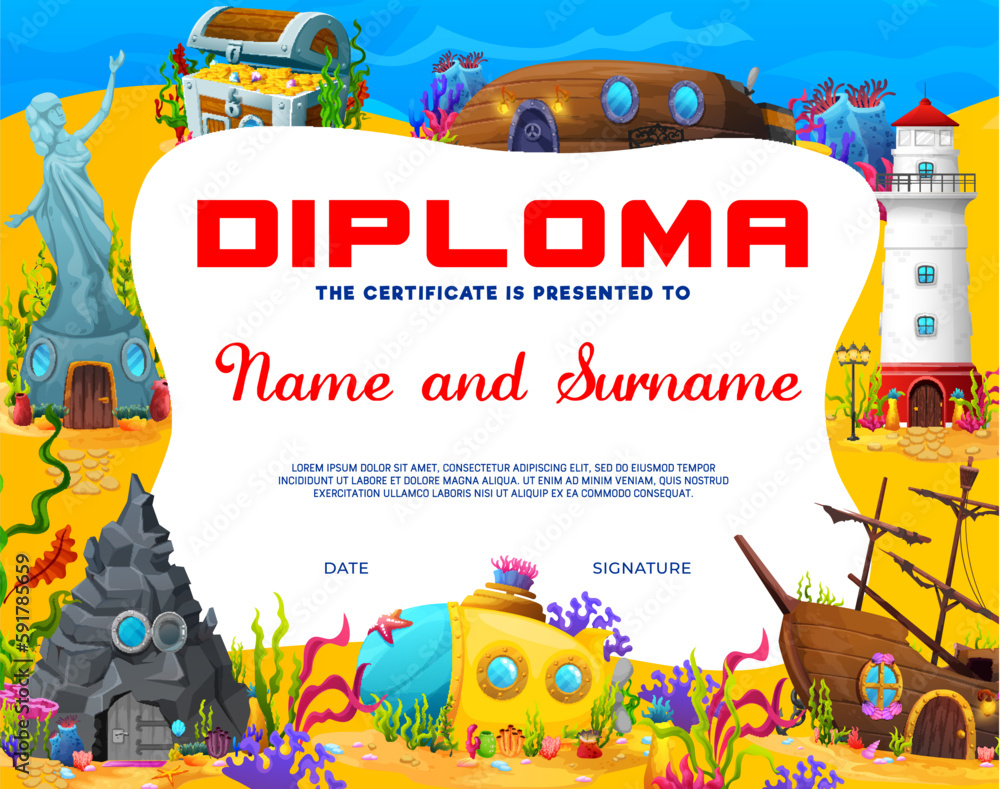 Kids diploma, cartoon underwater landscape and fairy buildings, vector ...