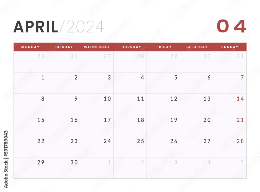 Monthly Calendar Template of april 2024. Vector layout of a wall or ...
