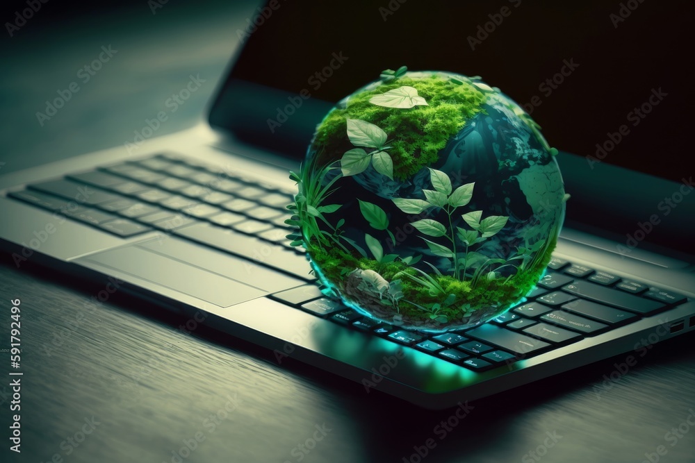 Technology with the concept of nature. Laptop keyboard with green globe ...