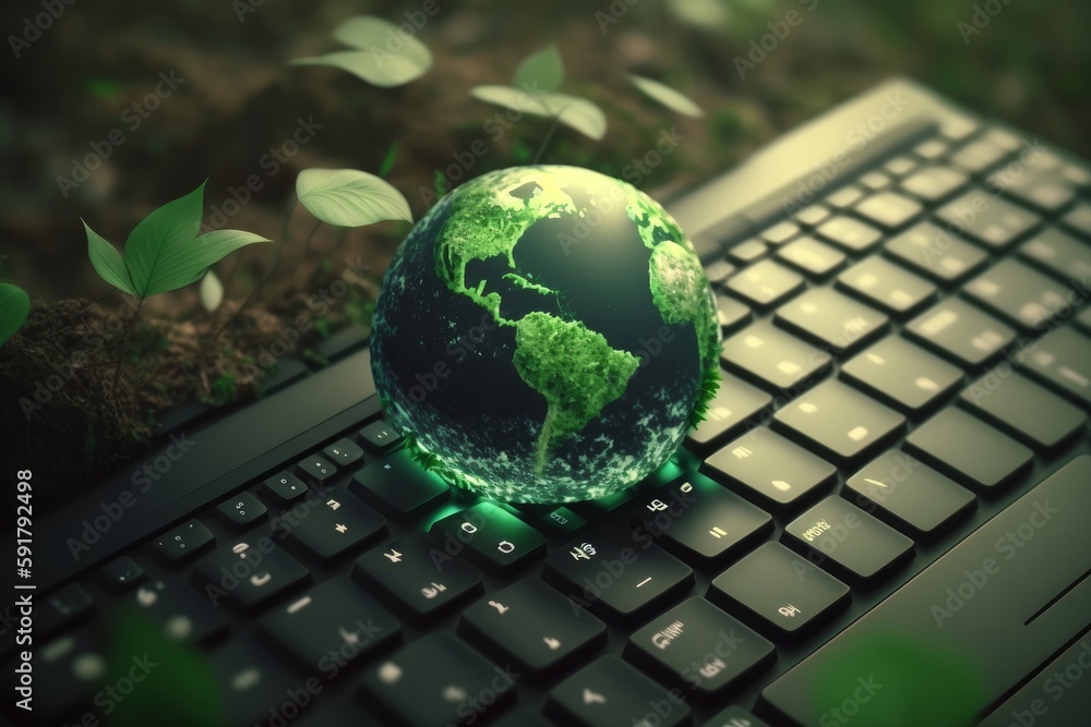 Technology with the concept of nature. Laptop keyboard with green globe ...
