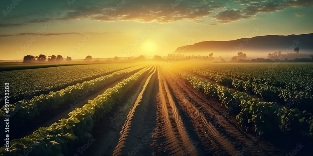 Irrigation system on agricultural soybean field, rain gun sprinkler on ...