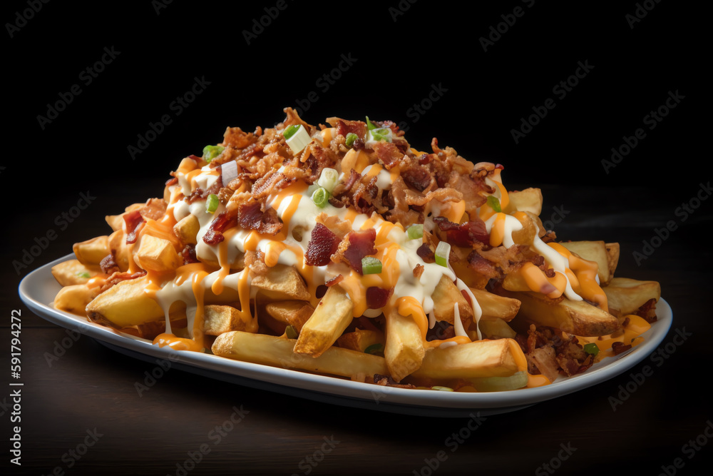 loaded fries smothered in cheese, beef, and sour cream. generative AI ...