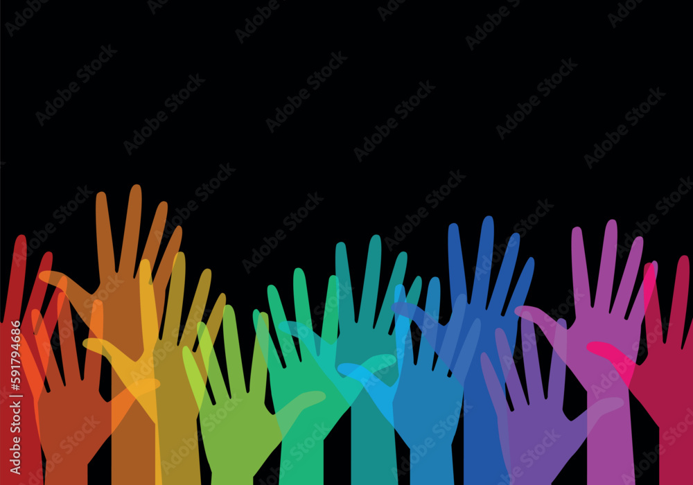 Celebrating pride month. Colorful rainbow hands on black background ...