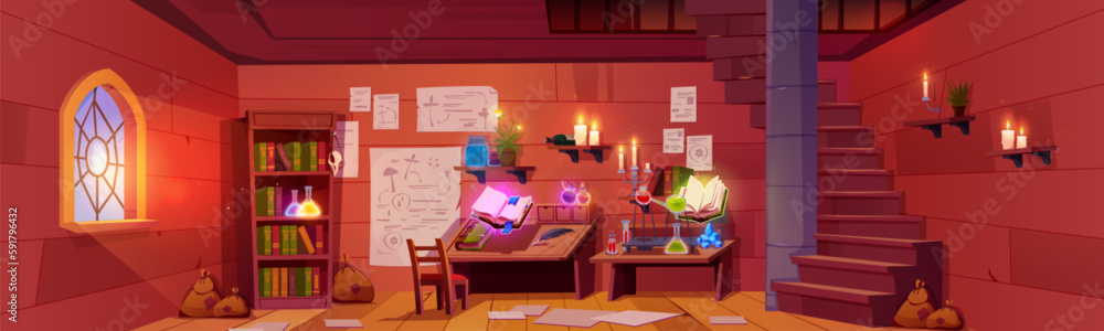 Magic wizard lab cartoon background. Medieval witch room interior with ...