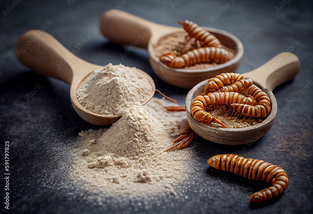 Edible mealworms and flour in a wooden spoons on grey granite table ...