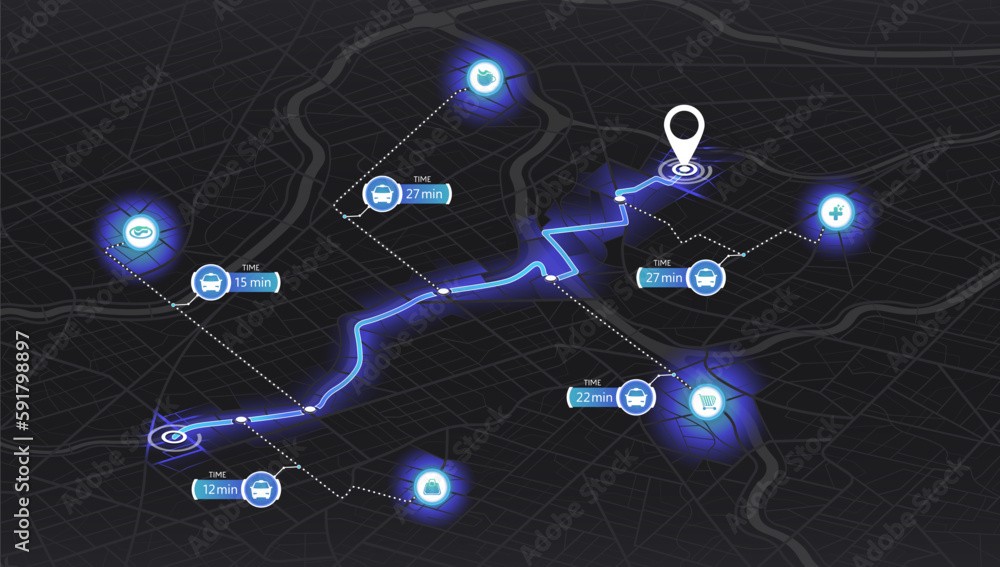 Map mobile app planning travel. Isometric map with information pointers ...