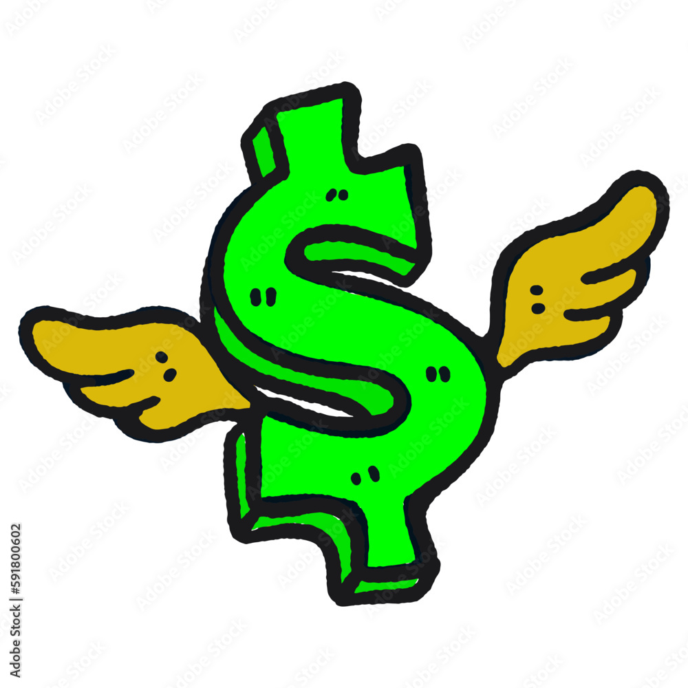 Hand drawn dollar symbol with wings cartoon illustration isolated on ...