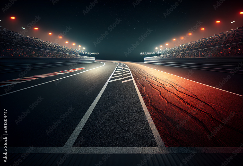 Race track under grandstand lights at night, Generative ai, Stock ...