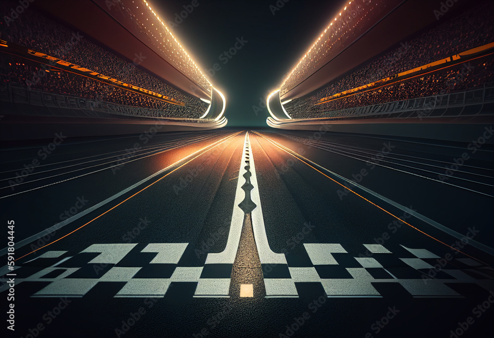 Race track under grandstand lights at night, Generative ai, Stock ...