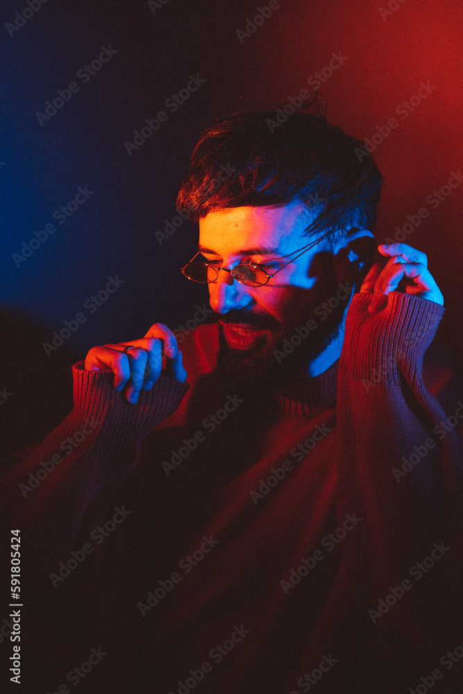 stylized portrait of a man with a beard and black modern glasses using ...