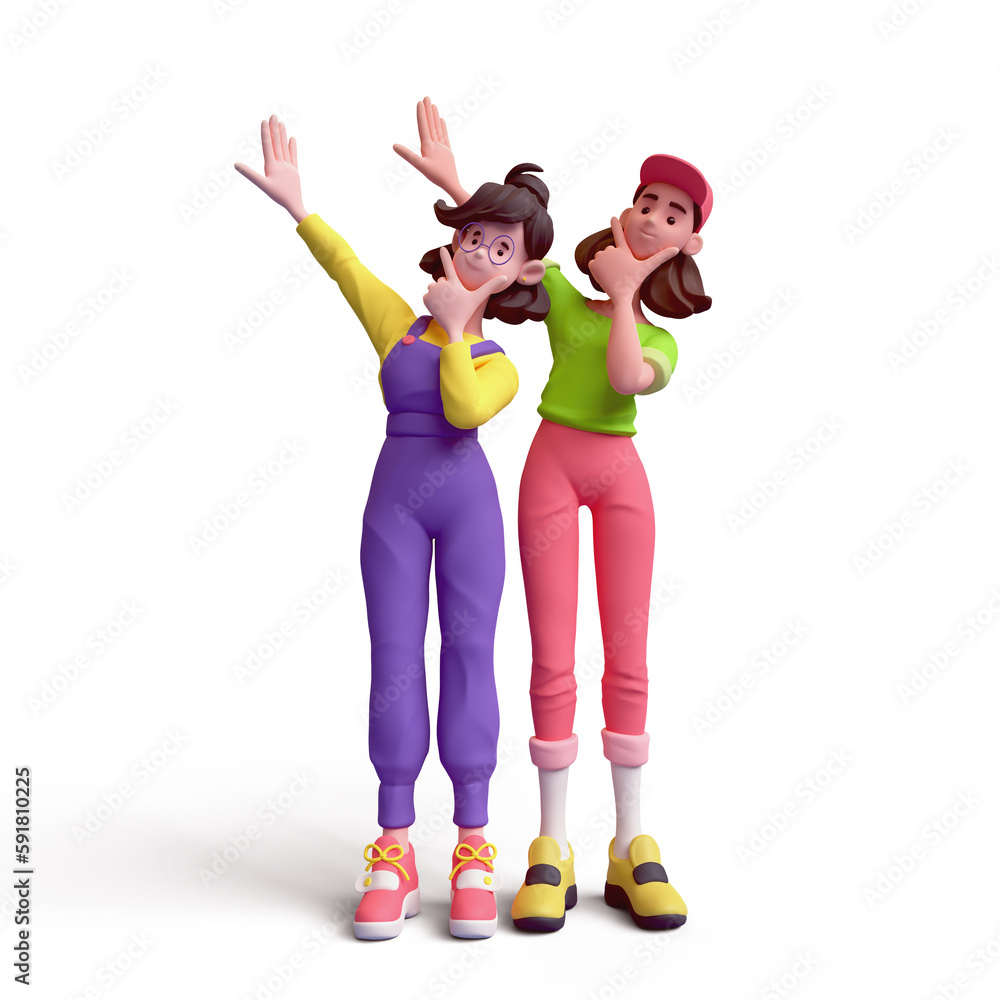 Two cute kawaii positive excited asian colorful active k-pop girls in ...