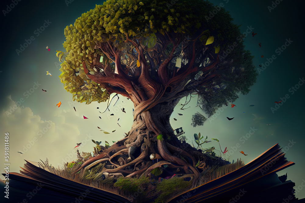 Open book with magical green tree and rays of light on wooden deck ...