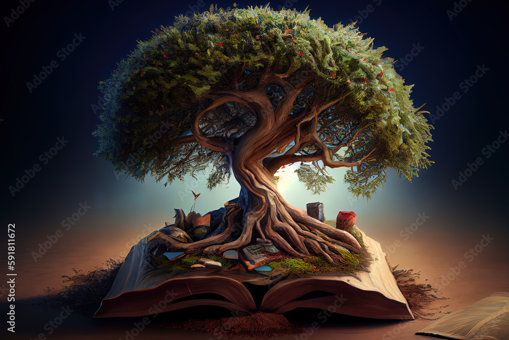 Open book with magical green tree and rays of light on wooden deck ...