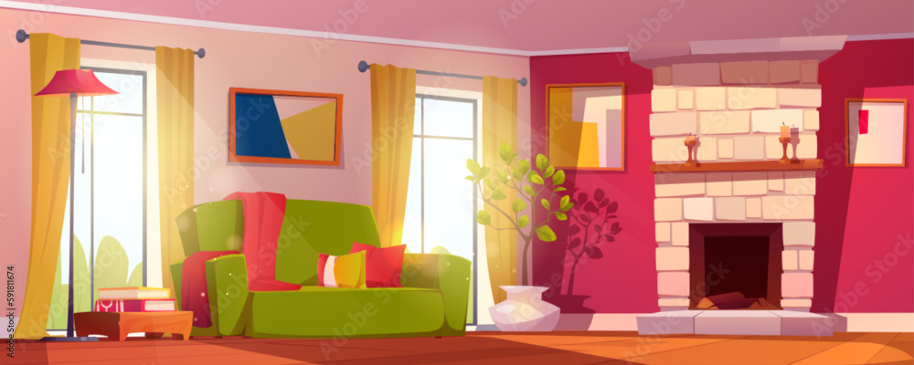 Cartoon living room interior with furniture and fireplace. Vector ...