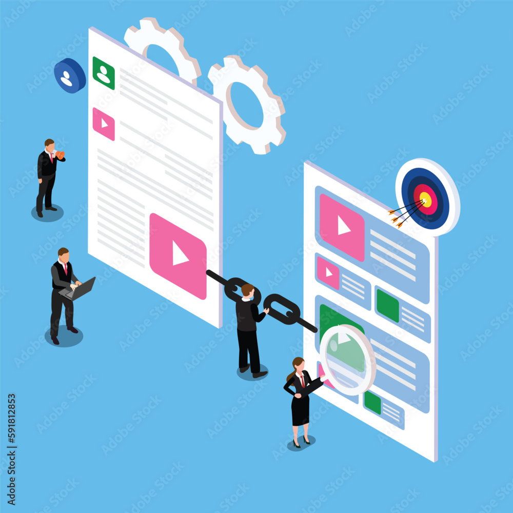 SEO vector business team analyzing link building on website isometric ...