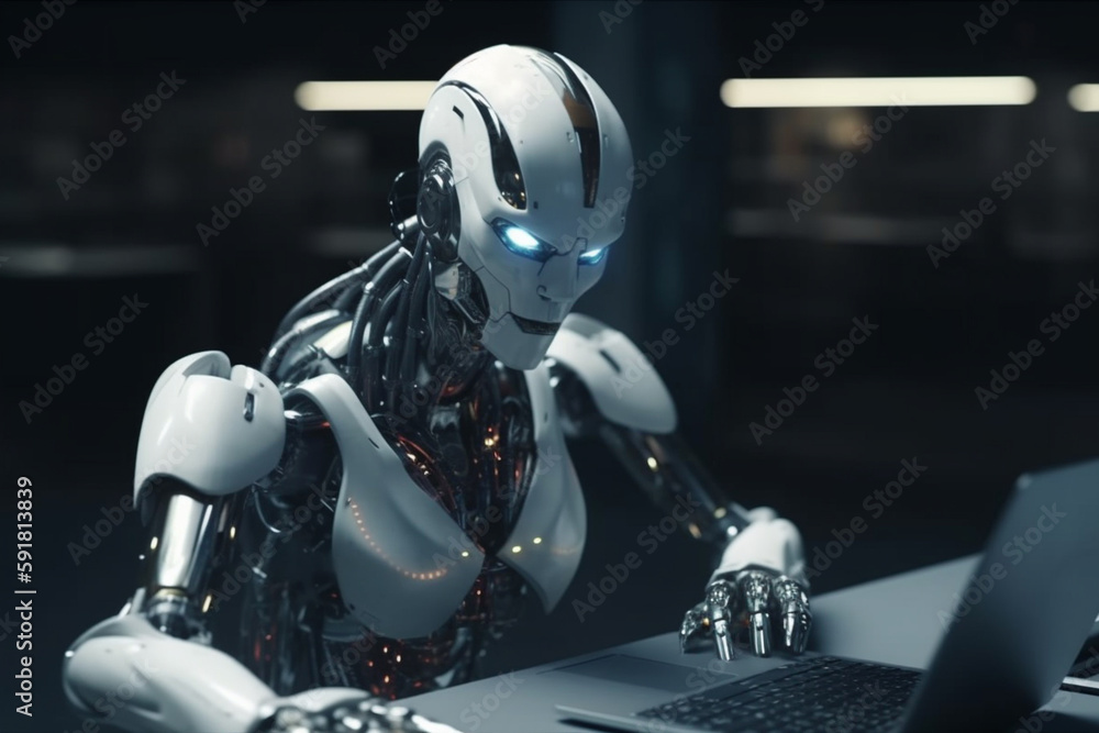 A robot sits at a desk with a computer screen desk in an office room ...