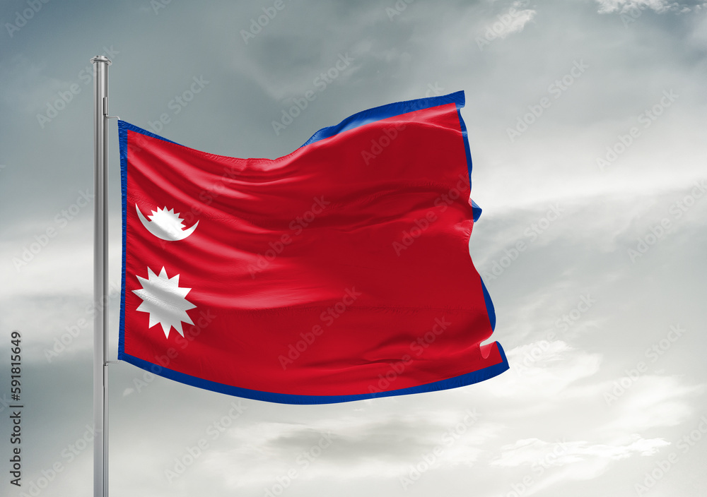 Nepal national flag cloth fabric waving on beautiful sky Background ...