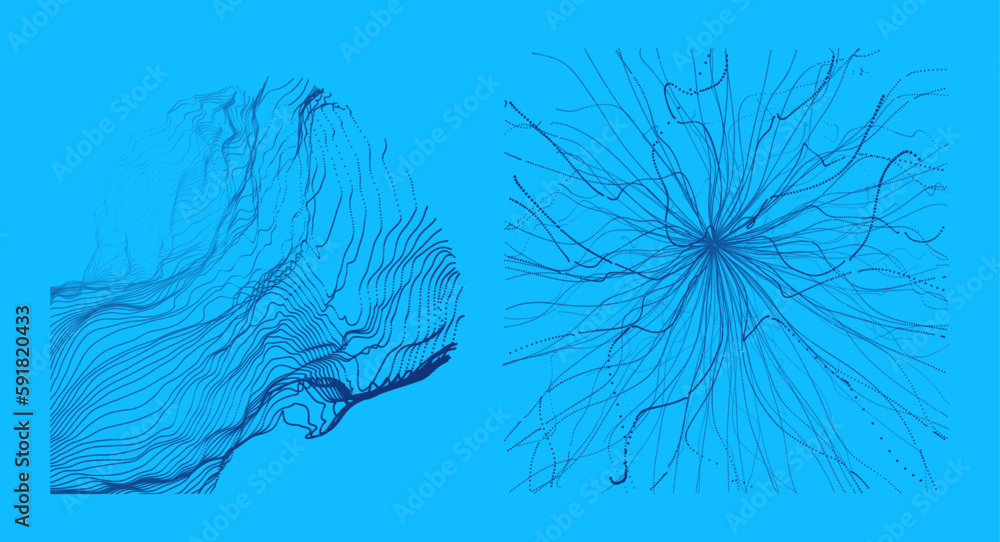 Point explode. Array with dynamic emitted particles. Water splash imitation. Abstract background ...