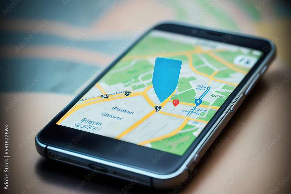 Map GPS navigation, Smartphone map application and location pin place marker pinpoint on screen ...