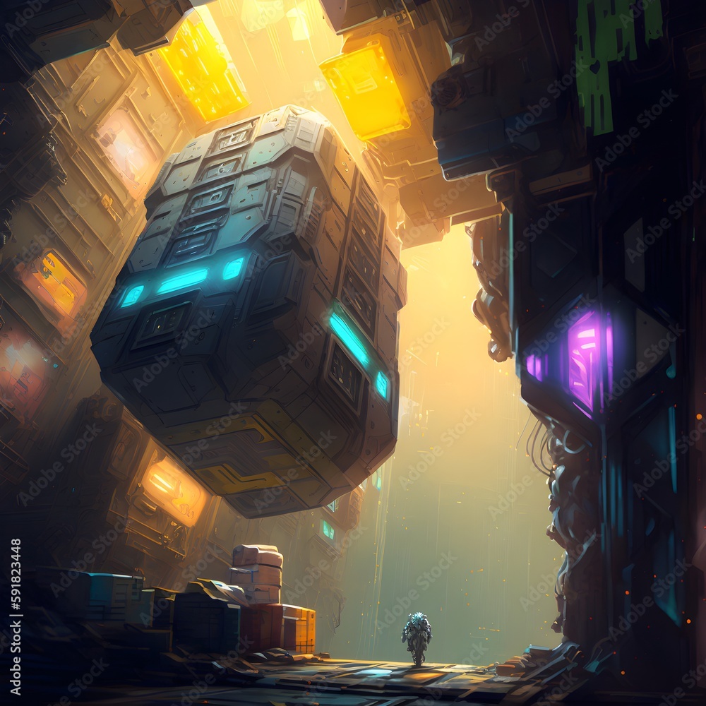 environment of scifi shipping containers below floating spacecraft ...