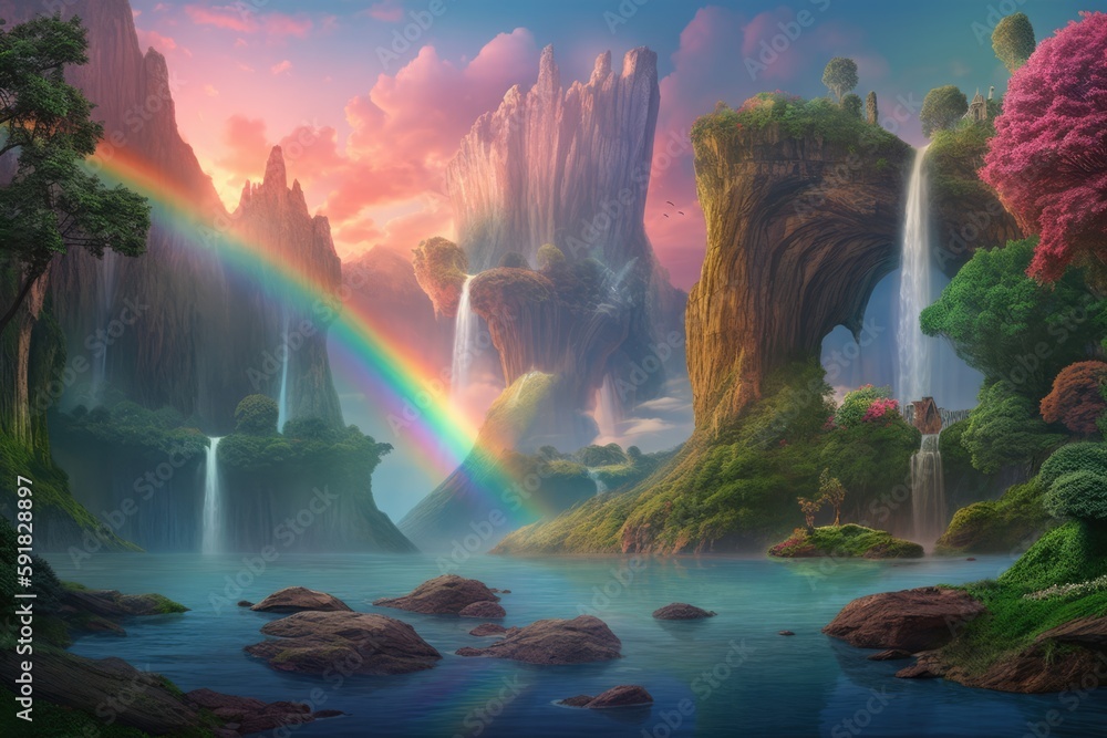 Fantasy landscape with rainbow, waterfalls and lake created using ...