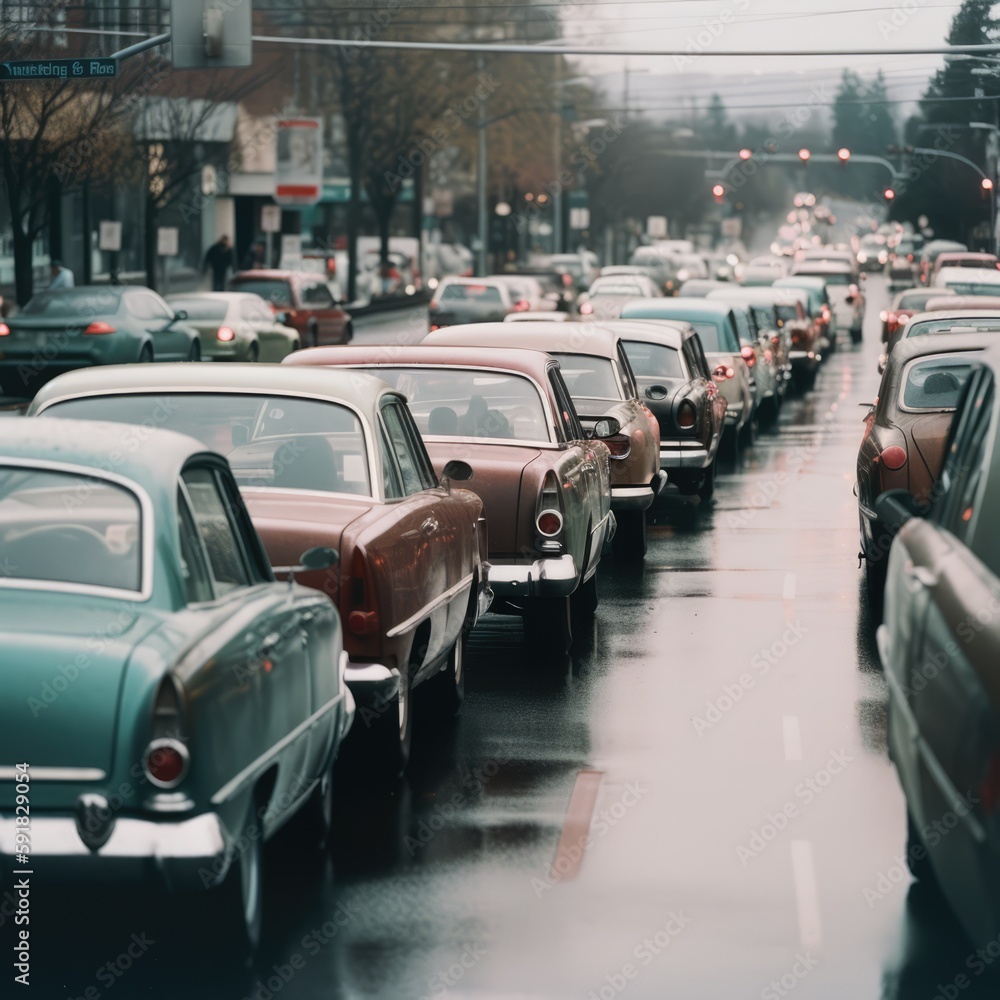 Busy, rainy street with traffic jam and people walking, created using ...