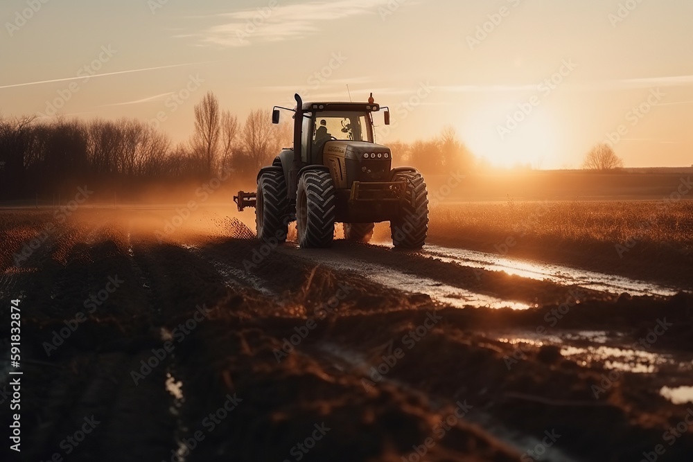 Tractor driving across large field making special beds for sowing seeds ...
