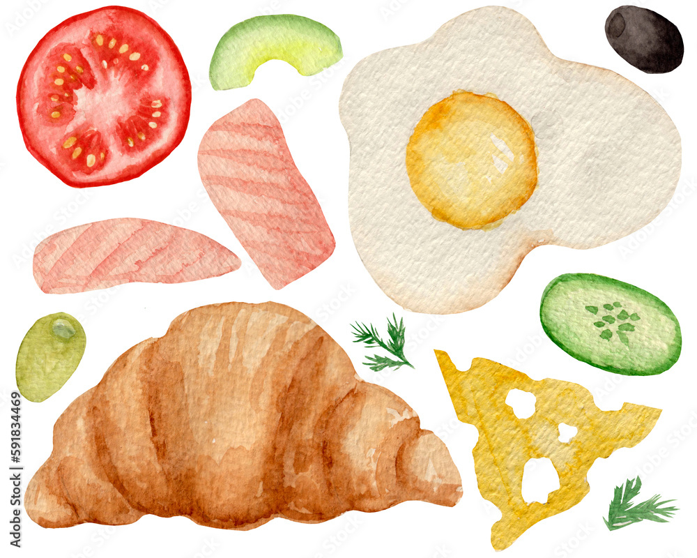 Watercolor breakfast collection, various food isolated on white ...