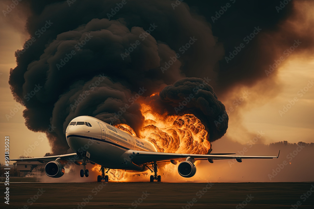 Crush of plane. Engines on fire. Ai generated. Stock Illustration ...