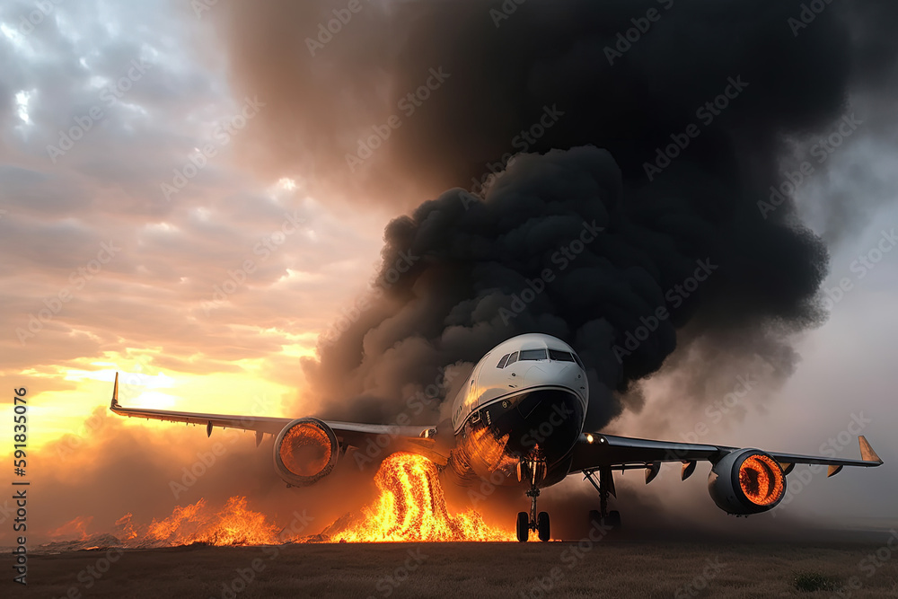Crush of plane. Engines on fire. Ai generated. Stock Illustration ...