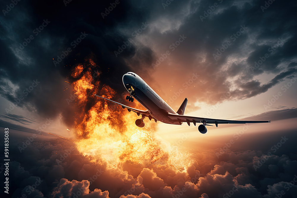 Crush of plane. Engines on fire. Ai generated. Stock Illustration ...