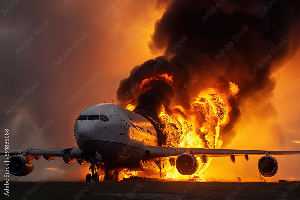Crush of plane. Engines on fire. Ai generated. Stock Illustration ...