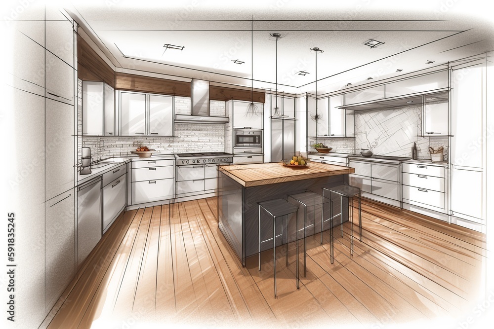 kitchen design sketch, merged with finished kitchen image, highlighting ...