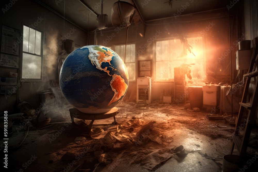 An abandoned garage with a globe of the world on top of a round table ...