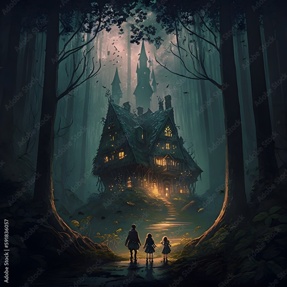 Hansel and gretel dark brooding forest with Disney land castle in the ...