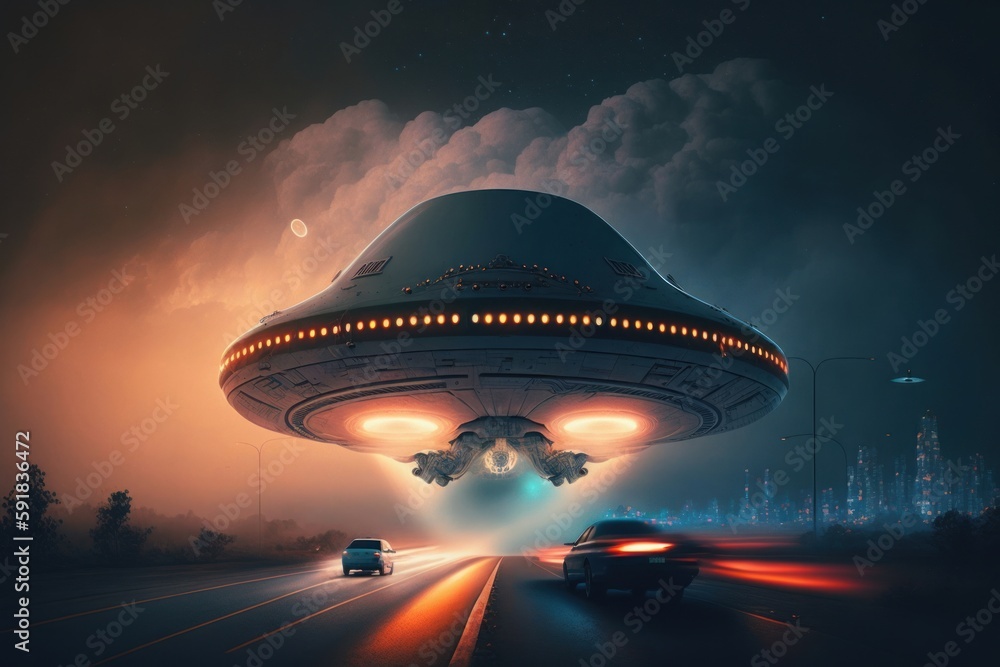 ภาพประกอบสต็อก eerie alien ufo abduction lit up in the night sky made ...