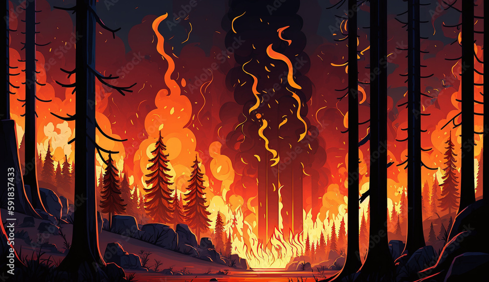 realistic cartoon illustration of forest on fire and full of smoke ...