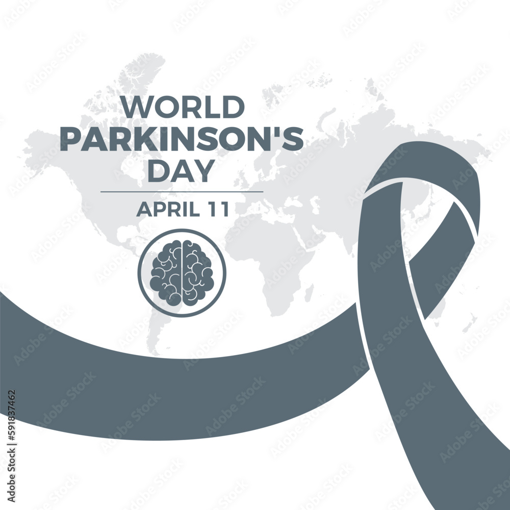 World Parkinson's Day vector illustration. Gray awareness ribbon and human brain icon vector ...