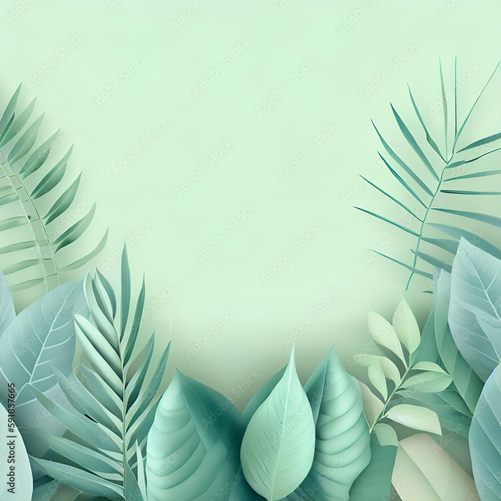 collection of tropical leaves foliage in pastel green color, pastel ...