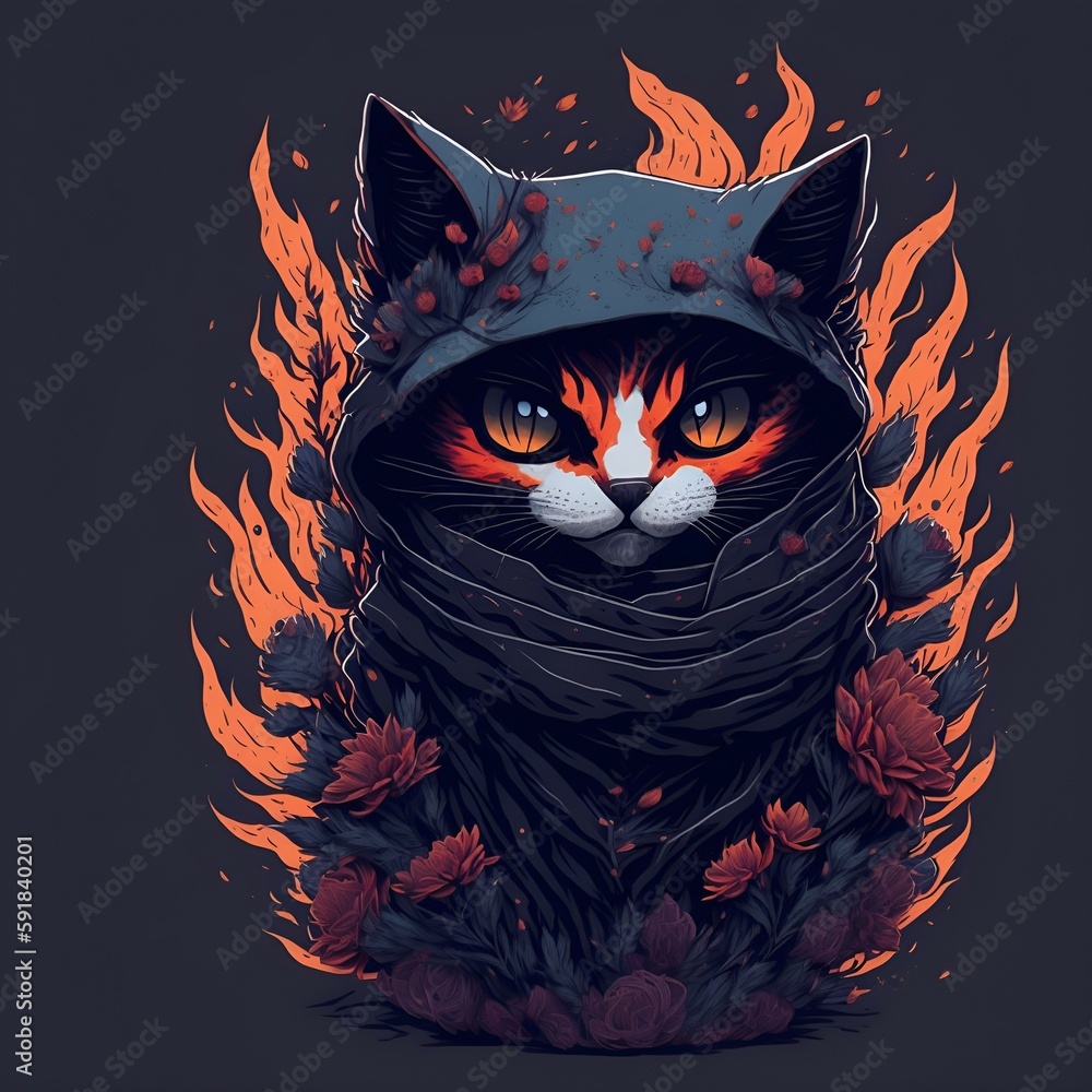A cartoon cat with a black hoodie on his head is shown in a black and ...