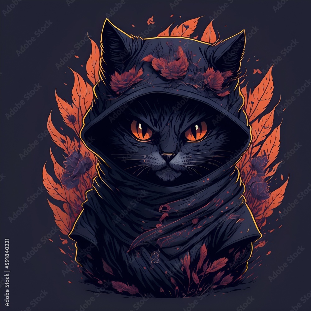 A cartoon cat with a black hoodie on his head is shown in a black and ...