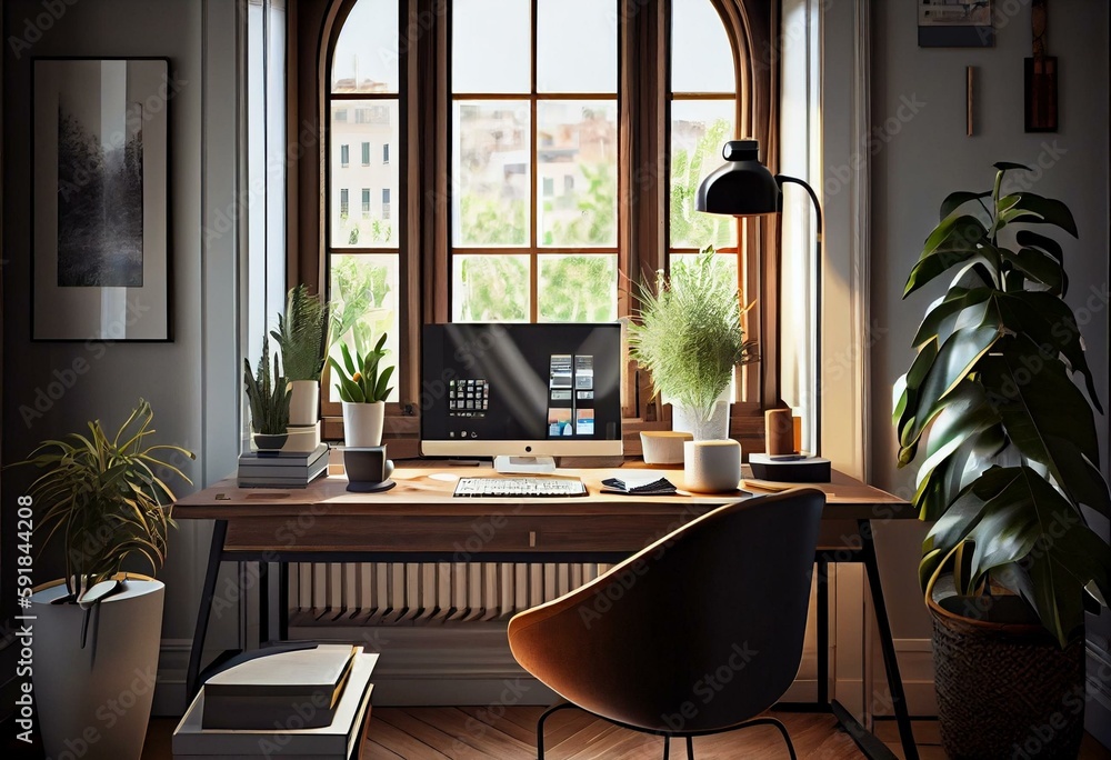 Clean, bright and empty home office interior organized with a computer ...