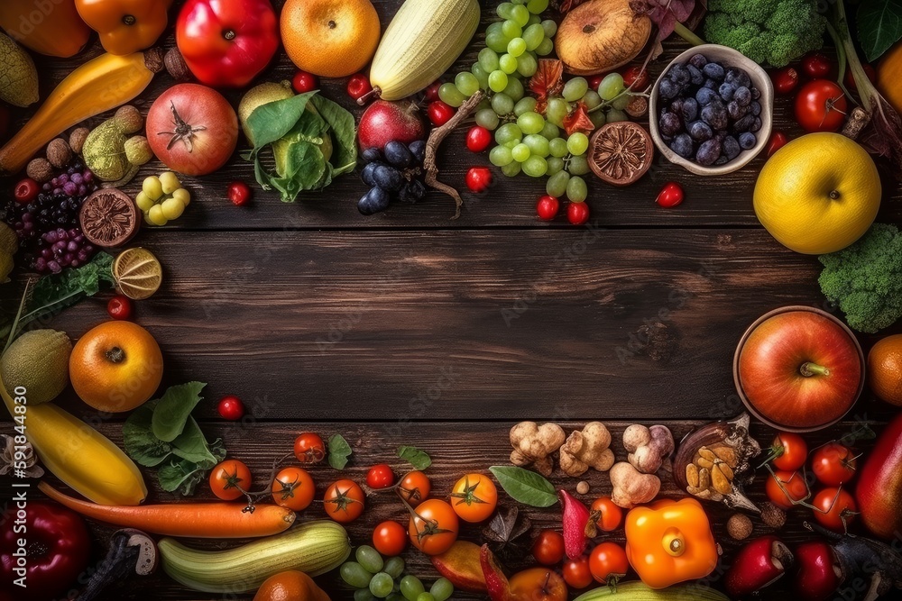 Top view of fruits and vegetables at the edge of the frame, empty in ...