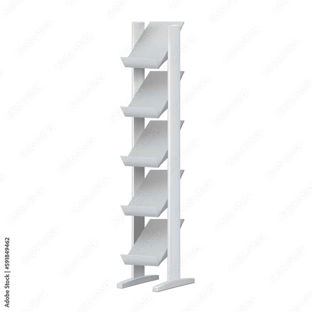Display stand with inclined shelves vector mockup. Blank white vertical ...